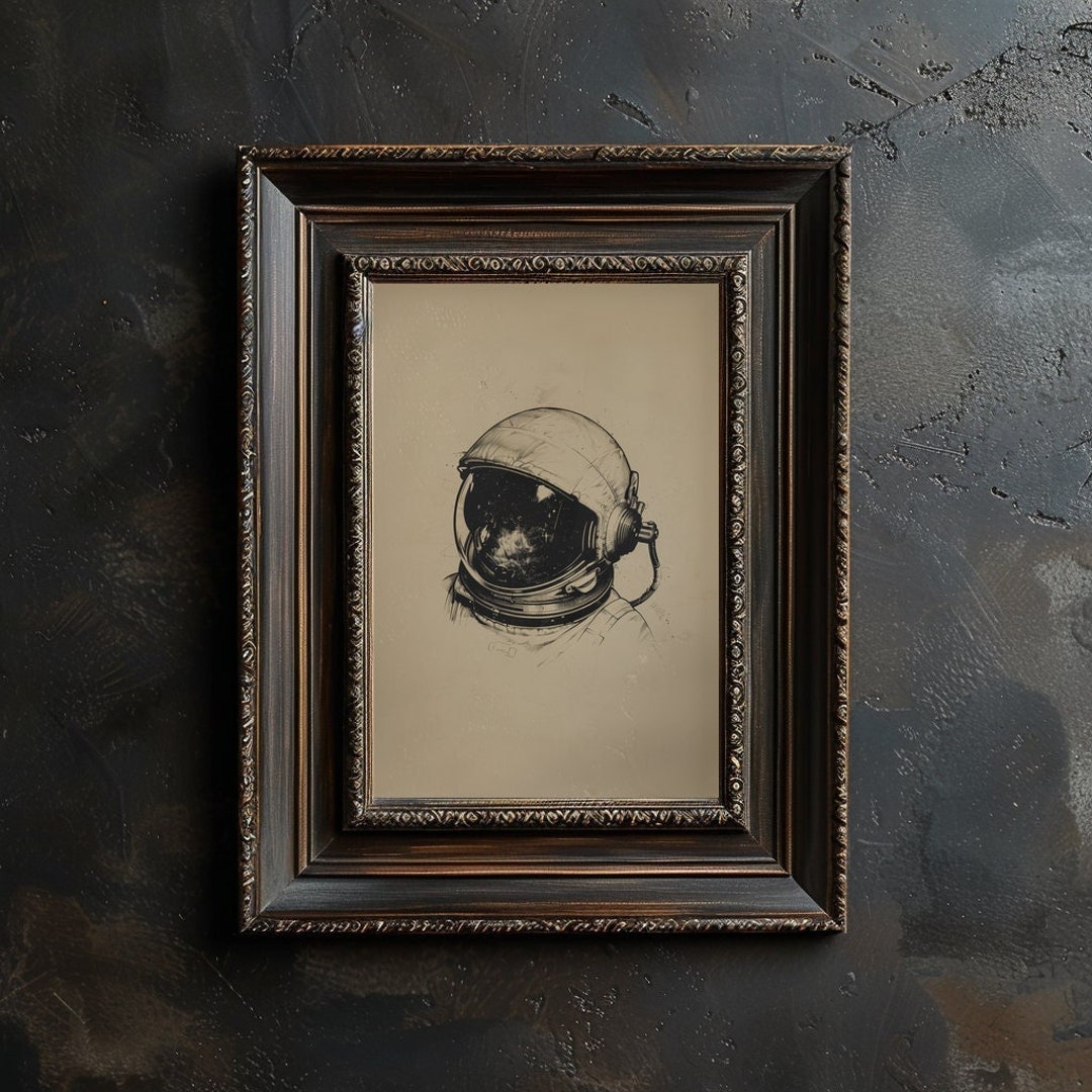 Astronaut Helmet Digital Wall Art Print, Cosmonaut Sepia Illustration ...