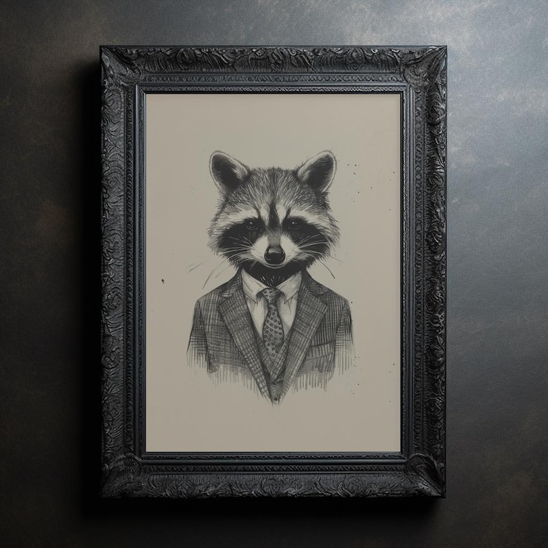Raccoon Wearing Suit Portrait Drawing Printable Raccoon Wall Art Gothic ...