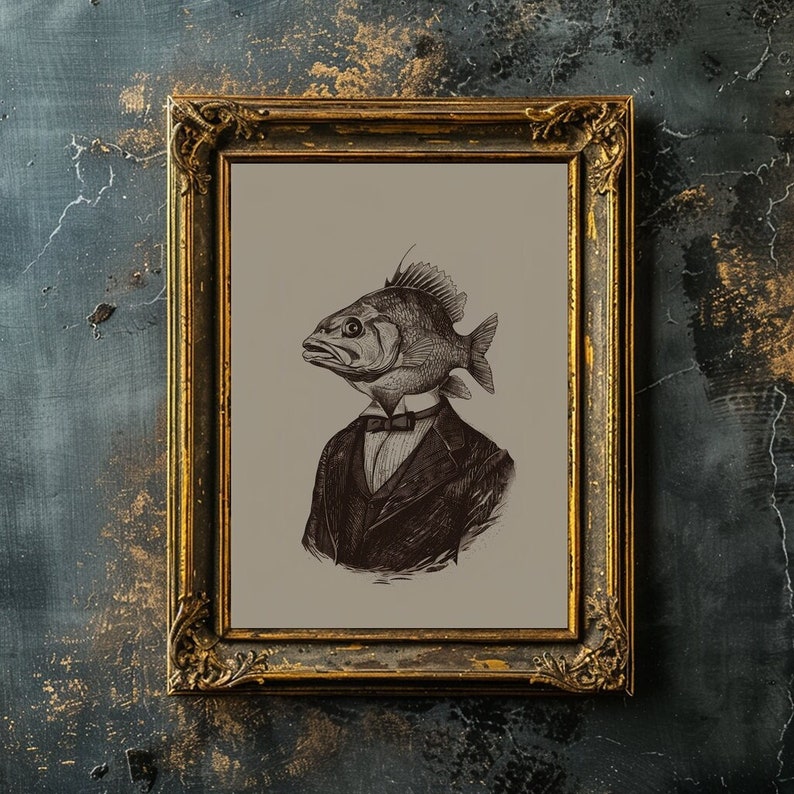 Fish Wearing a Suit Wall Art, Printable Fish Man Portrait, Vintage Fish ...