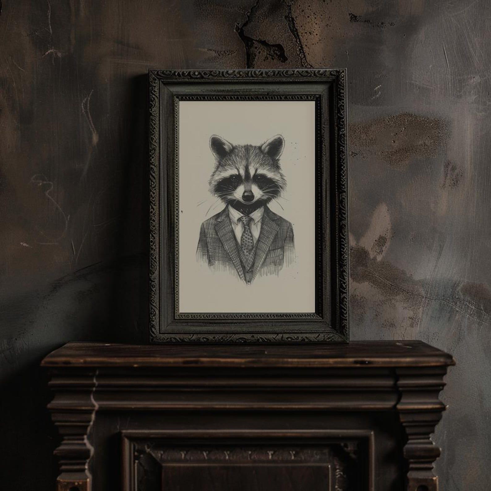Raccoon Wearing Suit Portrait Drawing Printable Raccoon Wall Art Gothic ...