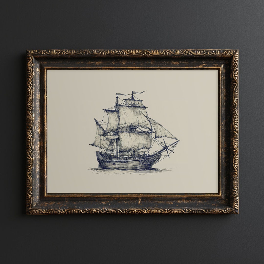 Vintage Ship Wall Art, Printable Galleon Ship Sketch, Old Sailing Ship ...