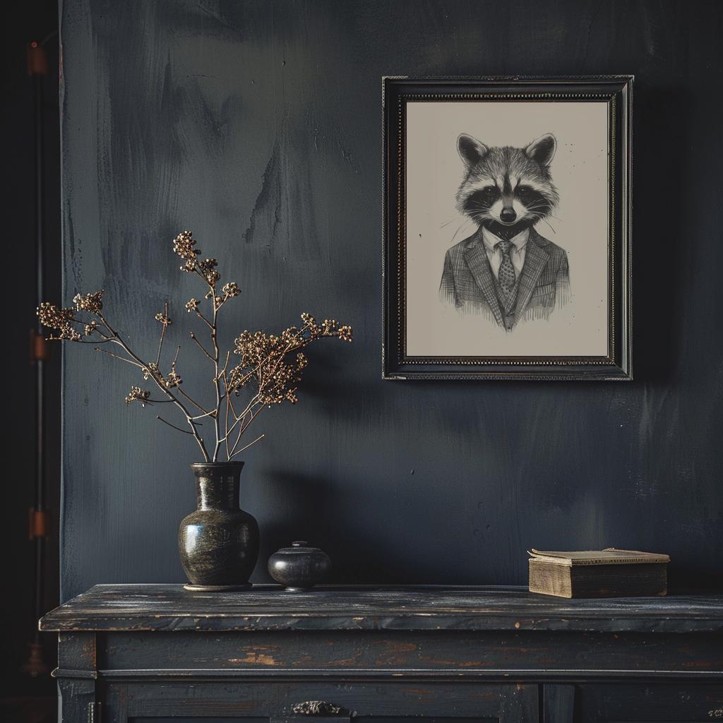 Raccoon Wearing Suit Portrait Drawing Printable Raccoon Wall Art Gothic ...