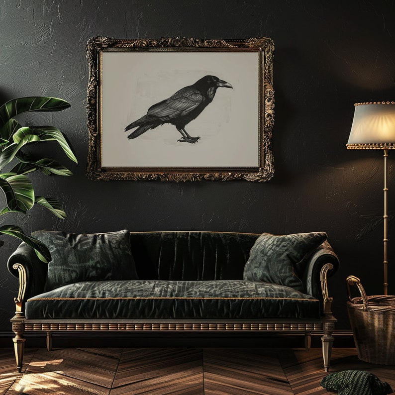 Goth Girl Crow Print on Sepia, Printable Eclectic Wall Raven Digital ...