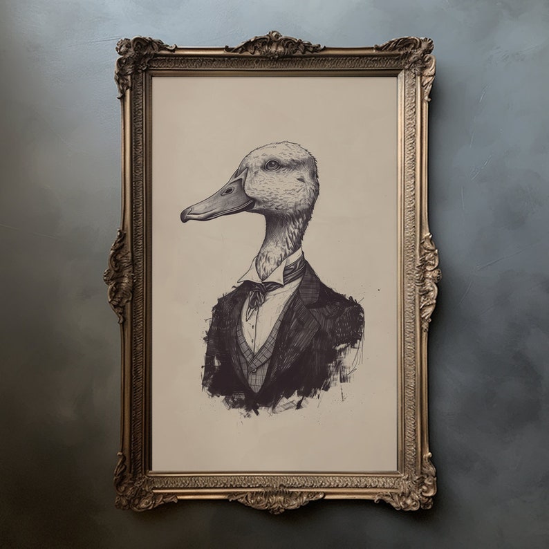Duck Wearing a Suit Digital Artwork Print, Vintage Eclectic Duck Poster ...
