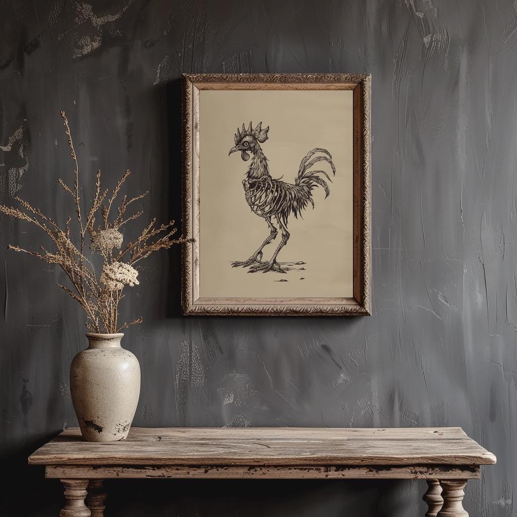 Rooster Skeleton Wall Art Printable Vintage Rooster Drawing Antique ...