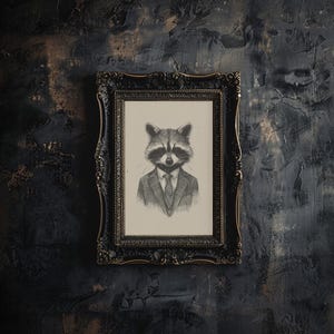 Raccoon Wearing Suit Portrait Drawing Printable Raccoon Wall Art Gothic ...
