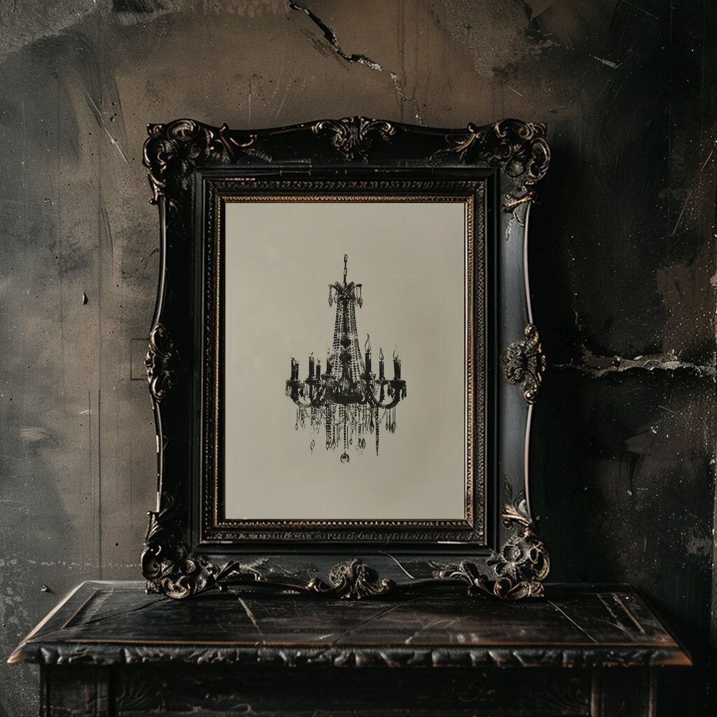 Gothic Chandelier Wall Art Print, Eclectic Ceiling Light Artwork, Goth ...