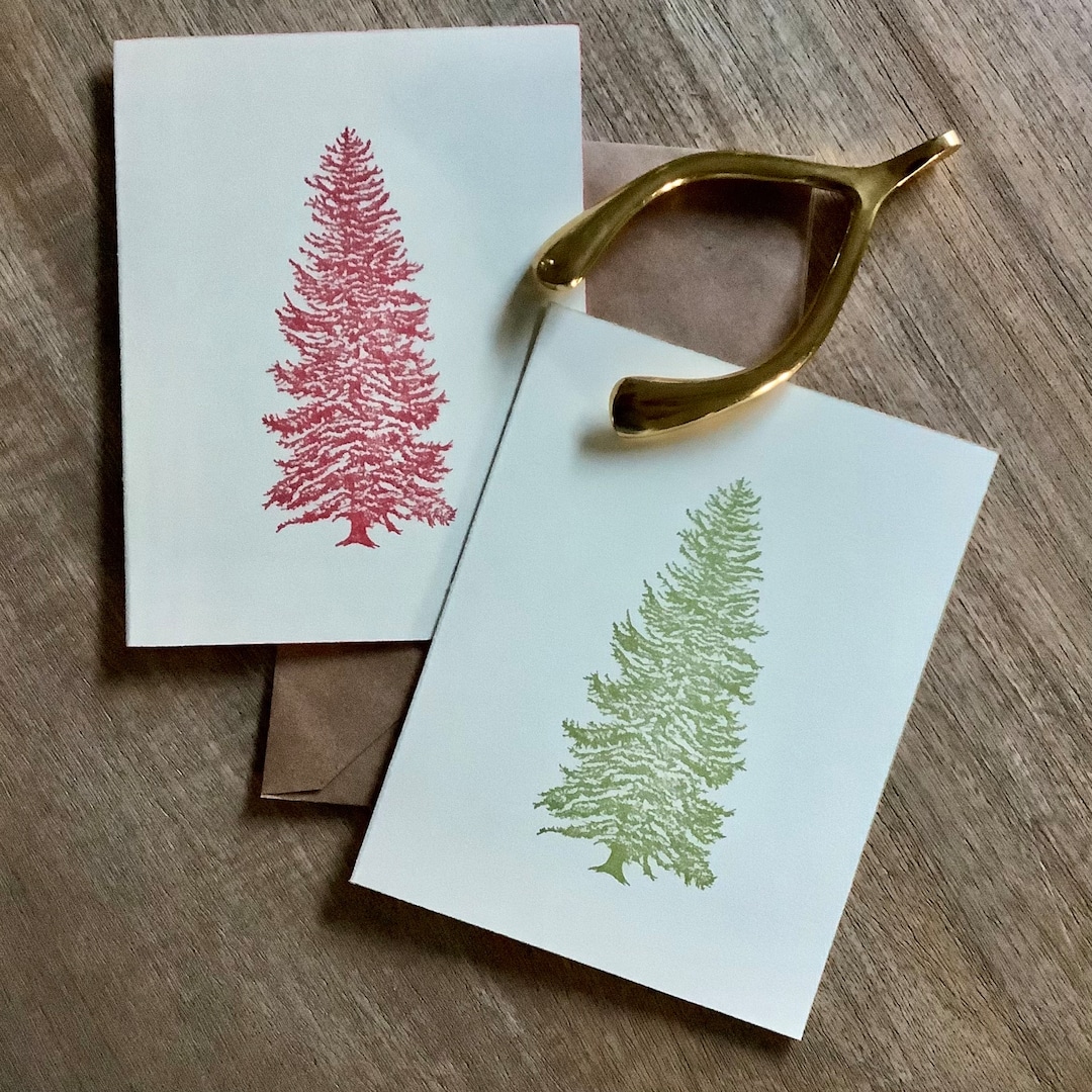 Tree Note Card Set With Kraft Envelopes, Hand Stamped Evergreen Tree ...