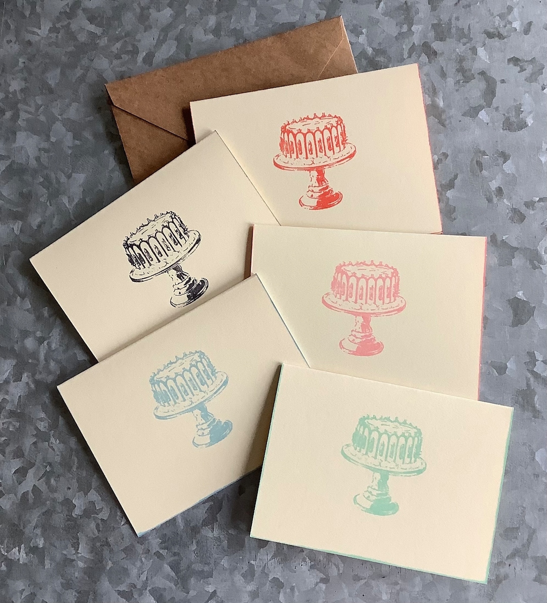 Vintage Cake Hand Stamped Cards Set of 10 in Ivory With Kraft Envelopes ...