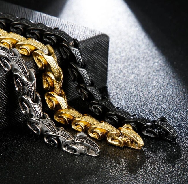 Dragon Snake Link Chain Mens Bracelet 316L Stainless Steel Black Gold ...