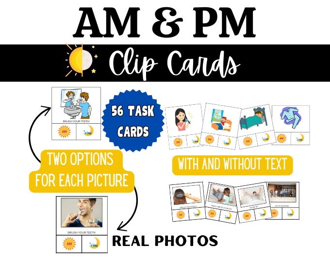 Telling Time Learning Activity AM or PM Clip Cards Task Cards for Math ...