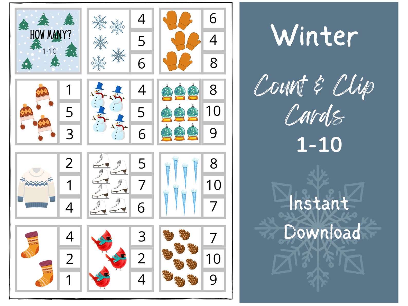 Winter Printable Count and Clip, Numbers, Preschool, Early Learners ...