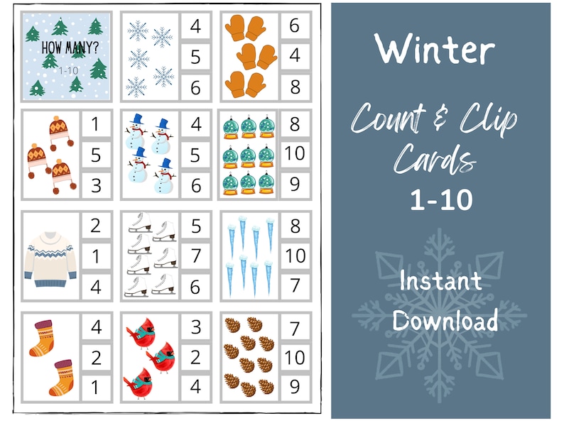 Winter Printable Count and Clip, Numbers, Preschool, Early Learners ...