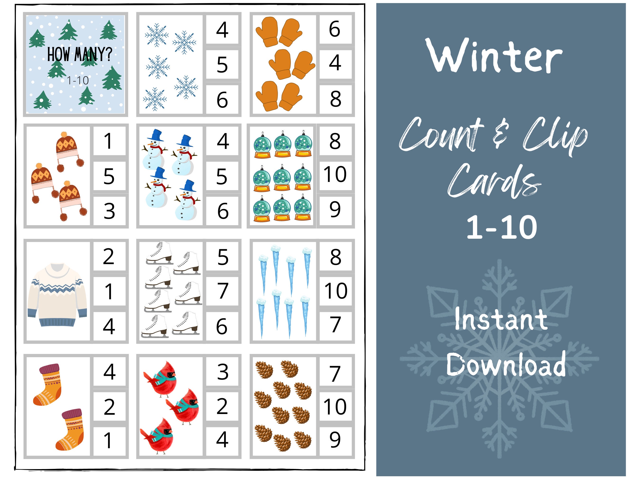 Winter Printable Count and Clip, Numbers, Preschool, Early Learners ...