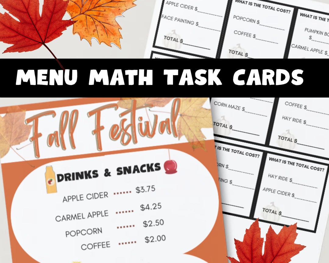 Menu Math | Money Task Cards | Fall Themed Math Activity | Pumpkin ...
