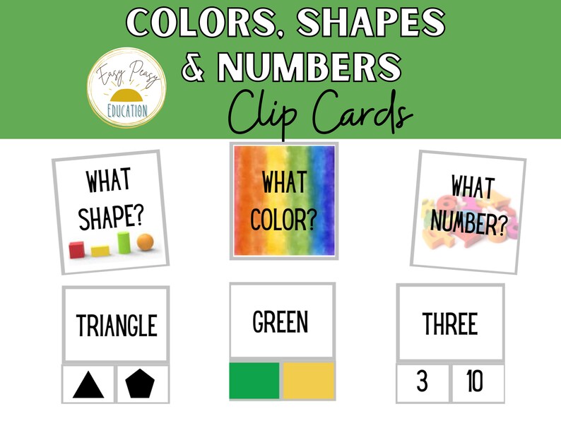 Numbers, Shapes, Colors Clip Cards, Preschool, Early Learners, Digital ...