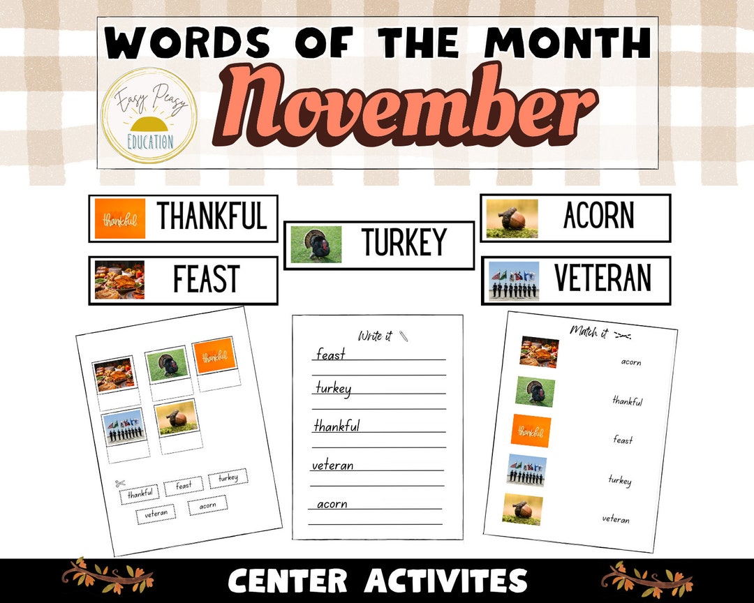 November Words of the Month | Word Wall | Fall Activity | Thanksgiving ...