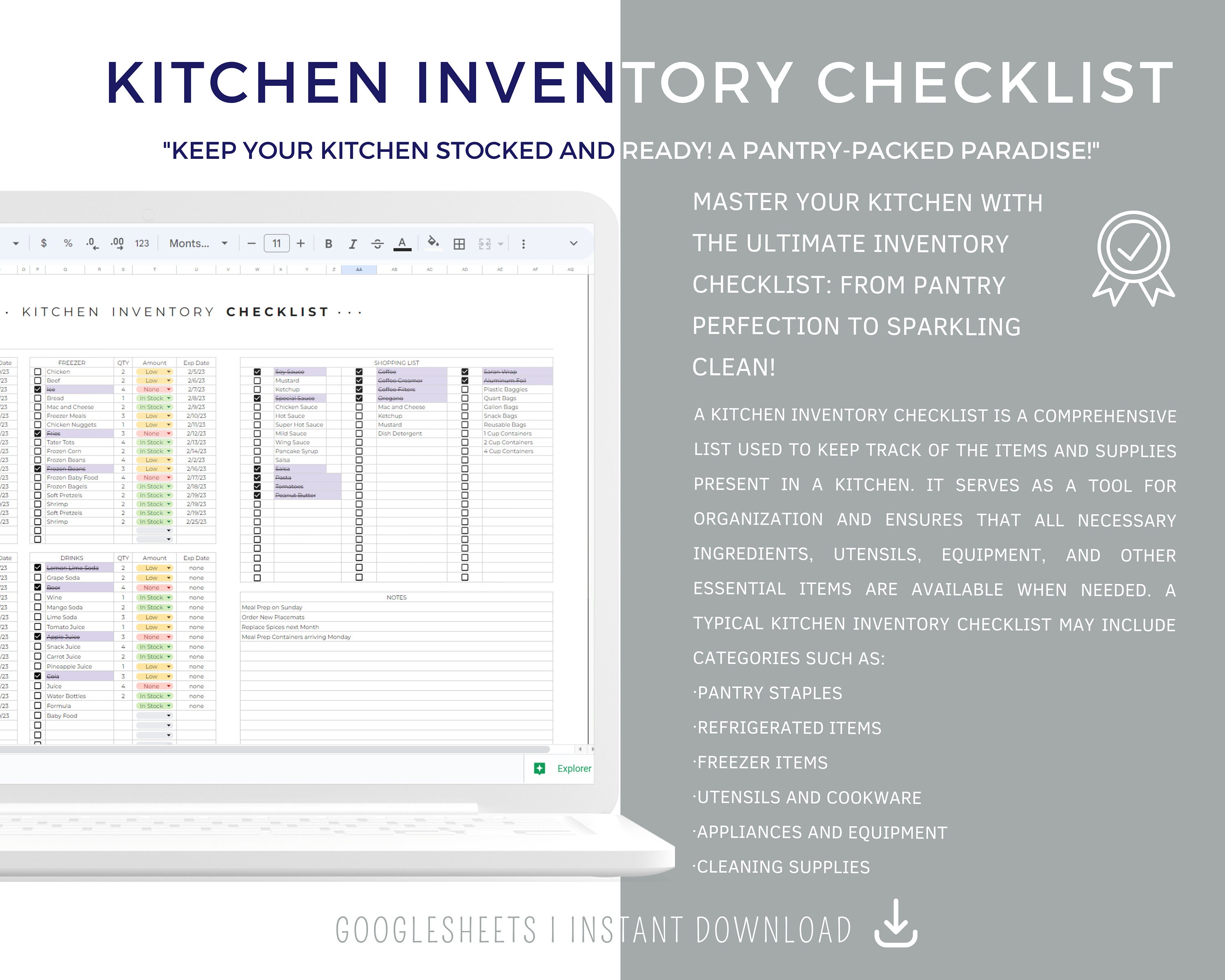 Kitchen Inventory Template, Pantry Inventory Spreadsheet List, Freezer ...