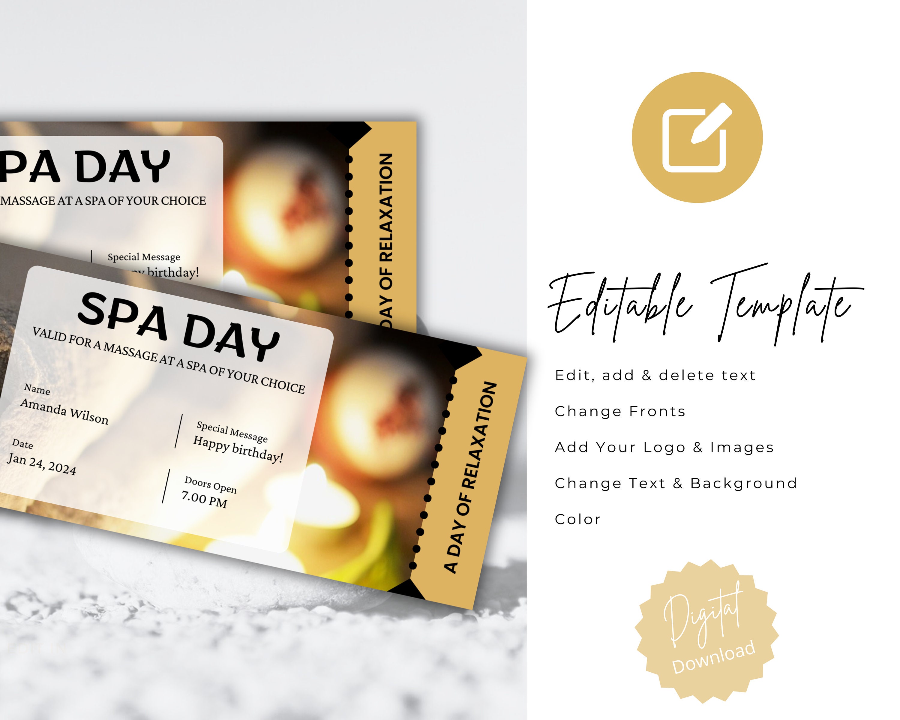 Editable Spa Day Voucher Personalized Massage Coupon Printable Gift ...