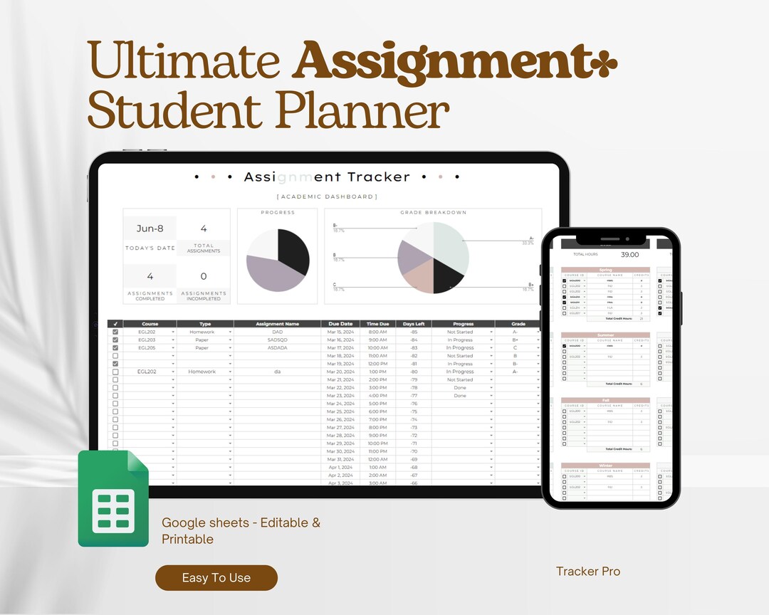 Academic Student Planner Spreadsheet, School Assignment Tracker Google ...