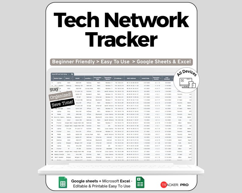 Home Wifi Tech Setup Tracker Spreadsheet, Password Device Organizer ...
