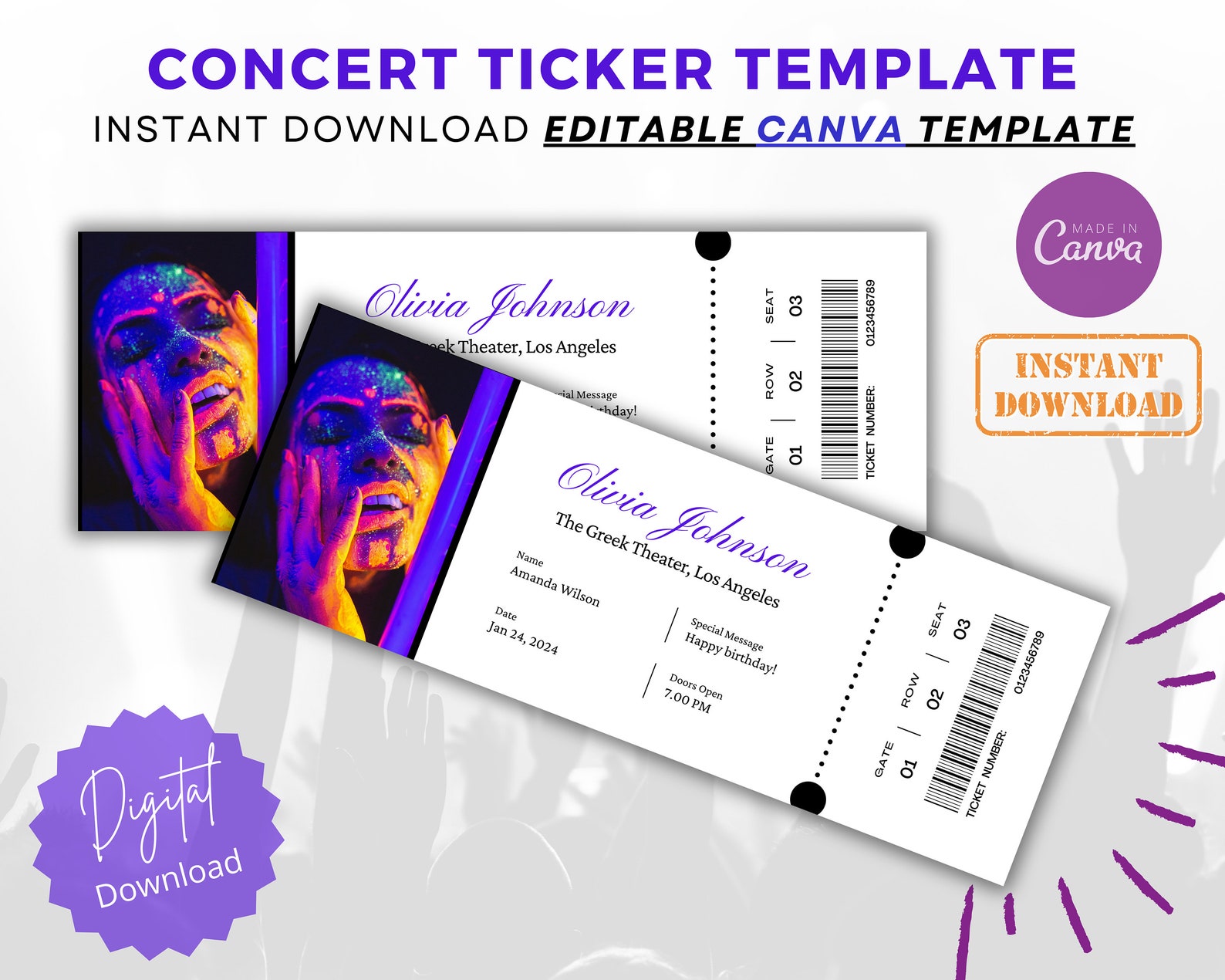 Concert Ticket Template, Editable Event Ticket Canva Template, Custom ...