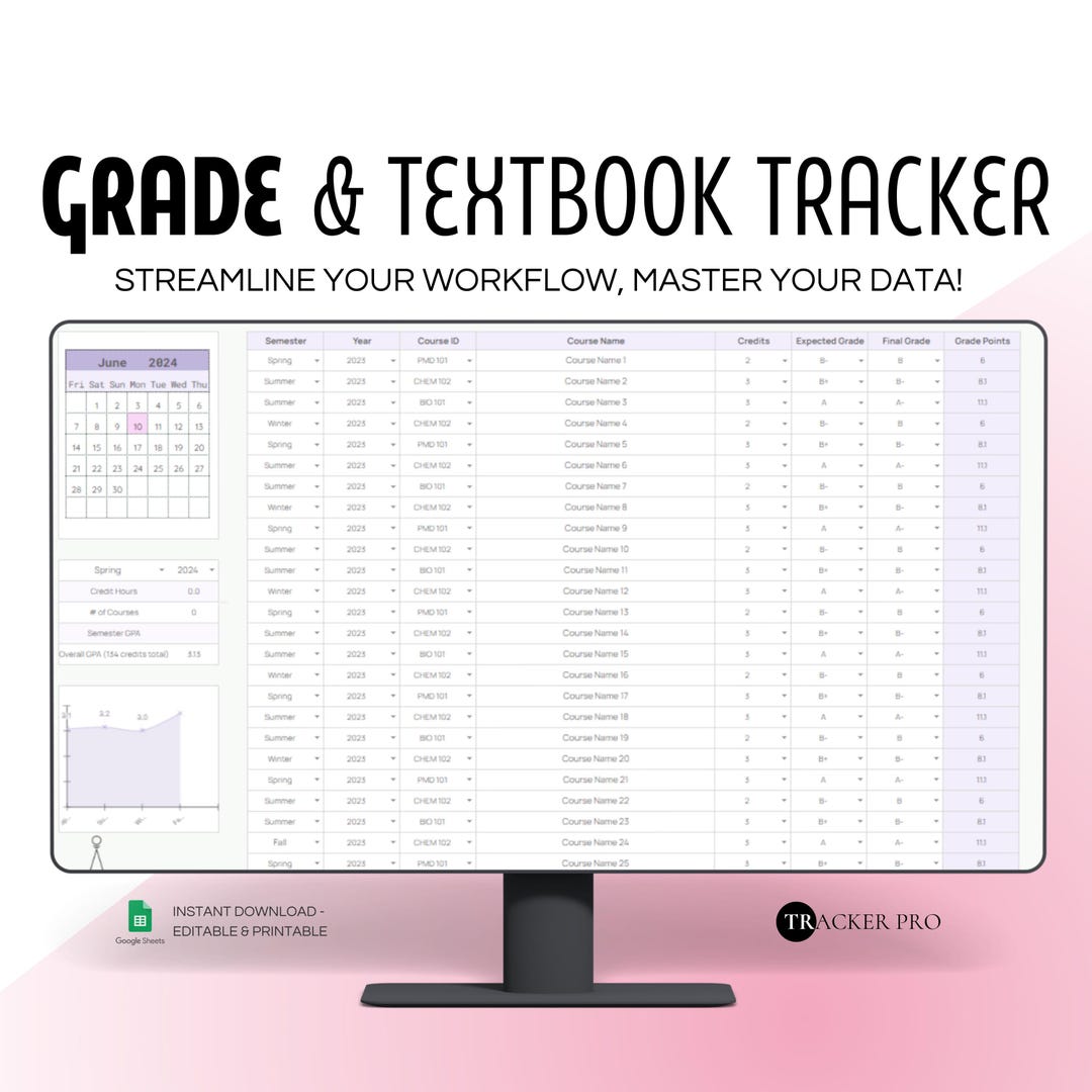 College & University Students Grade Tracker Spreadsheet GPA Calculator ...