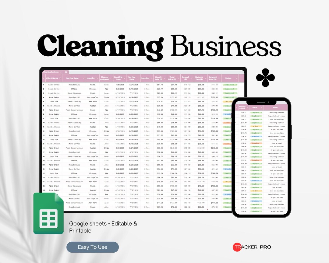 Cleaning Business Template Bundle Google Sheets House Cleaning Tracker
