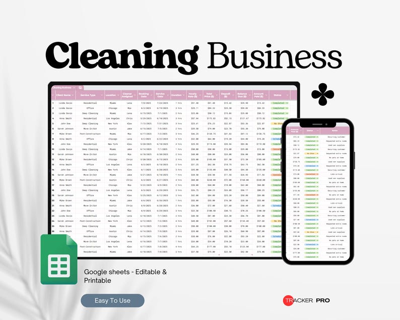 Cleaning Business Template Bundle Google Sheets, House Cleaning Tracker ...