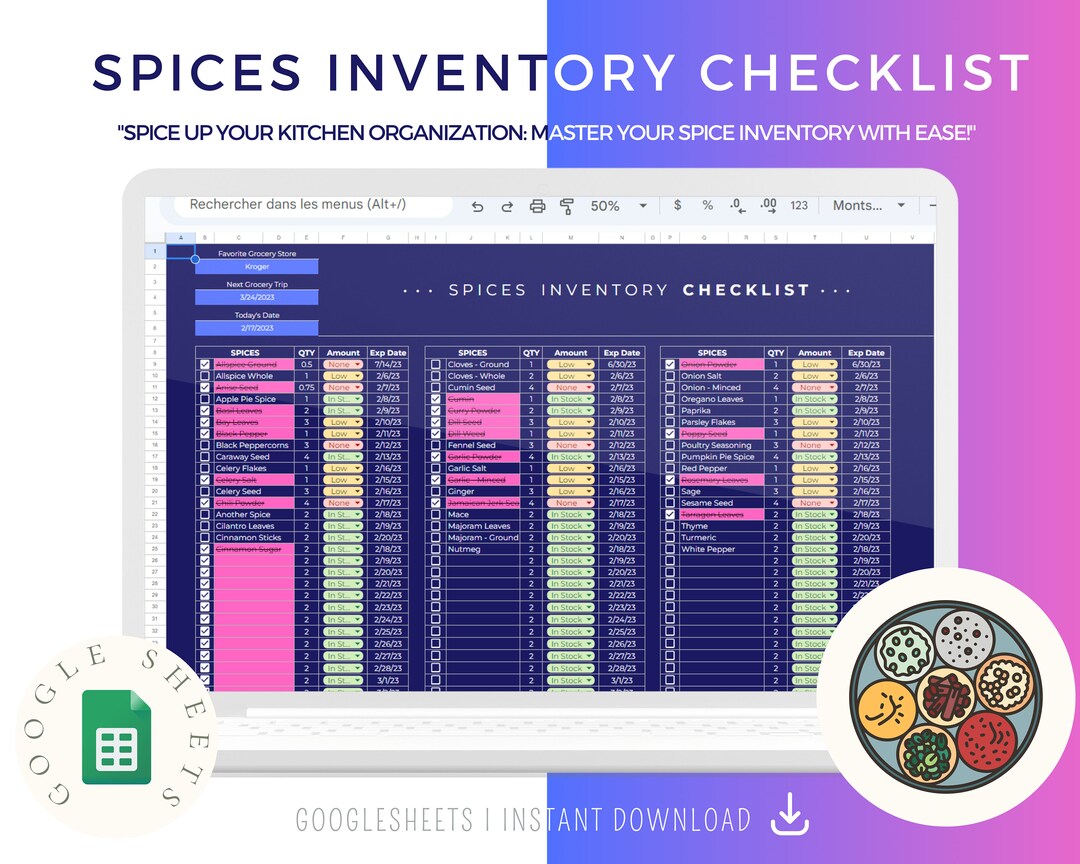 Spice Inventory Checklist, Spices Inventory List, Pantry Inventory ...