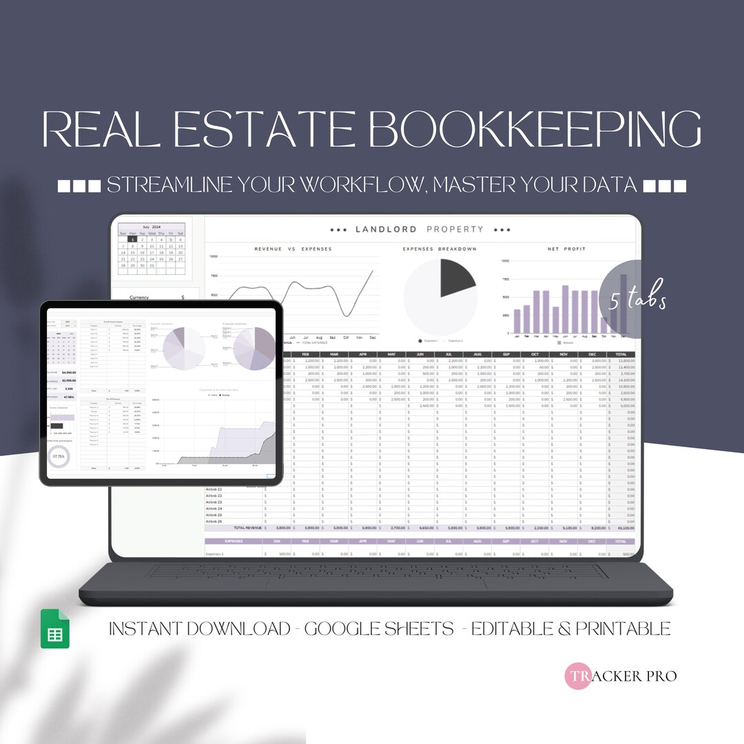 Real Estate Income and Expenses Bookkeeping Spreadsheet, Real Estate ...