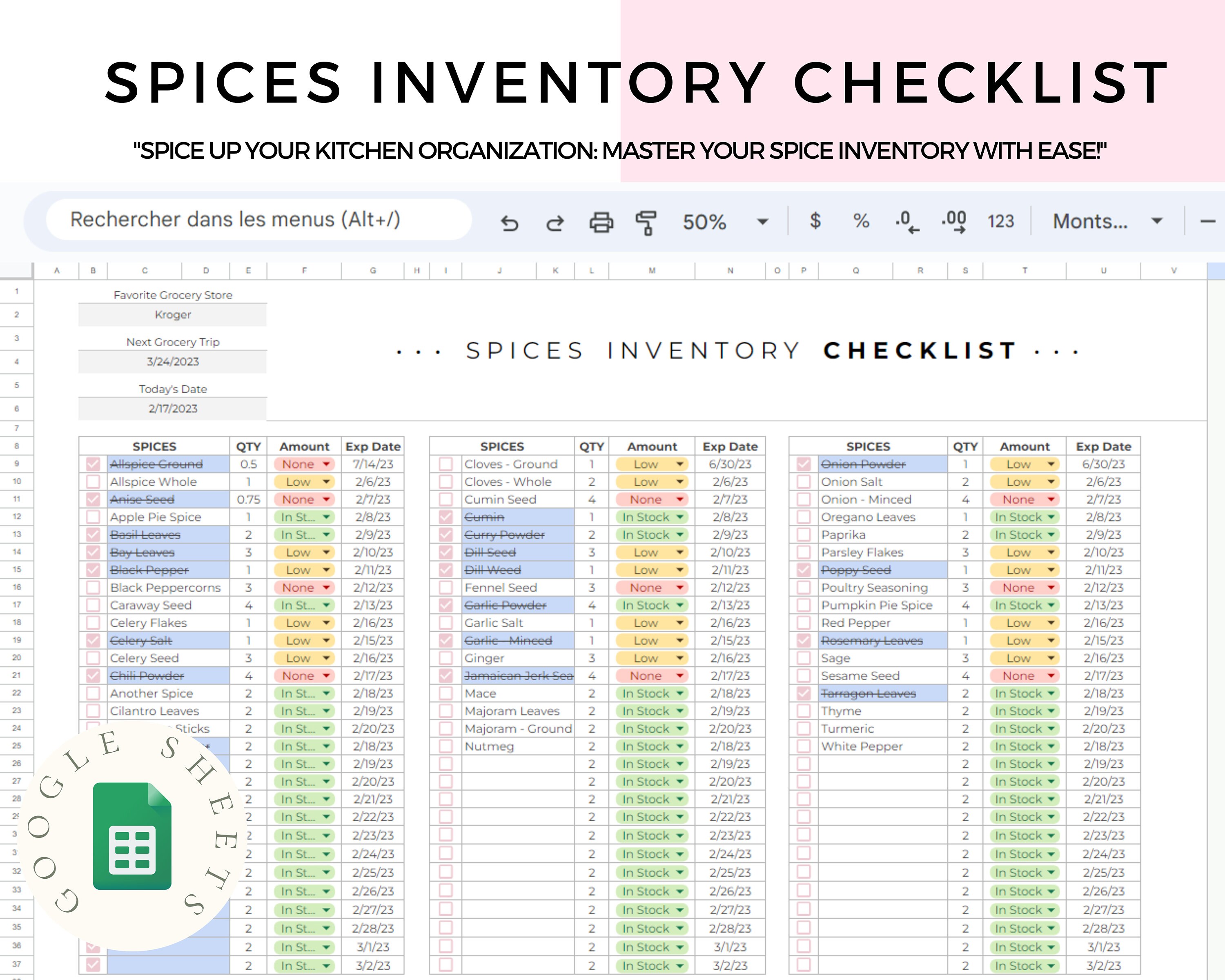 Spices Inventory List, Pantry Inventory Spreadsheet, Spice Inventory ...