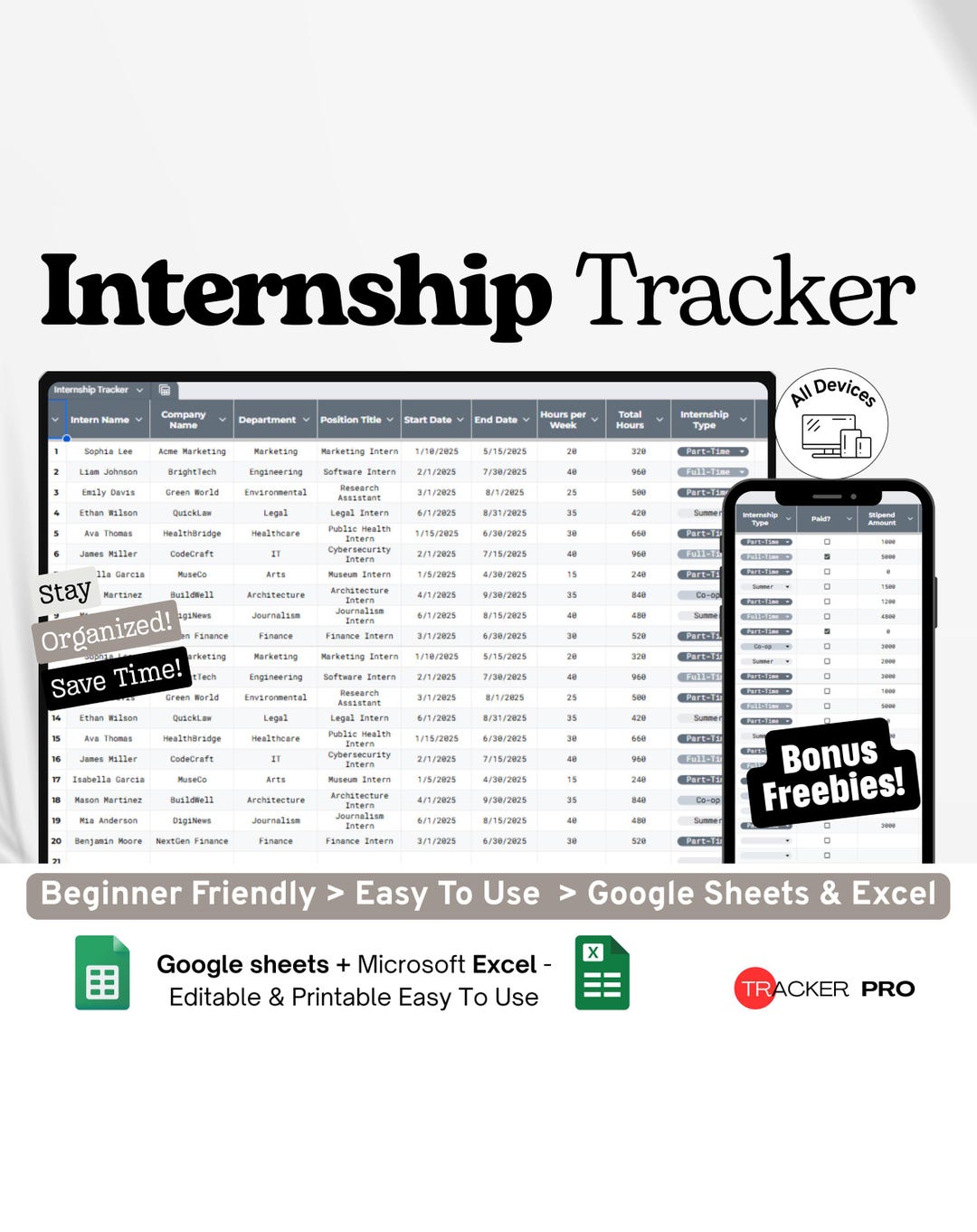 Internship Tracker Google Excel, Internship Hours Log, Deadline Planner ...