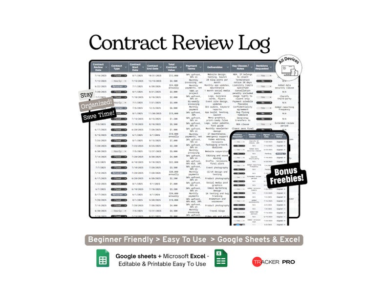 Contract Review Log Spreadsheet Google Sheets Template, Freelancer and ...