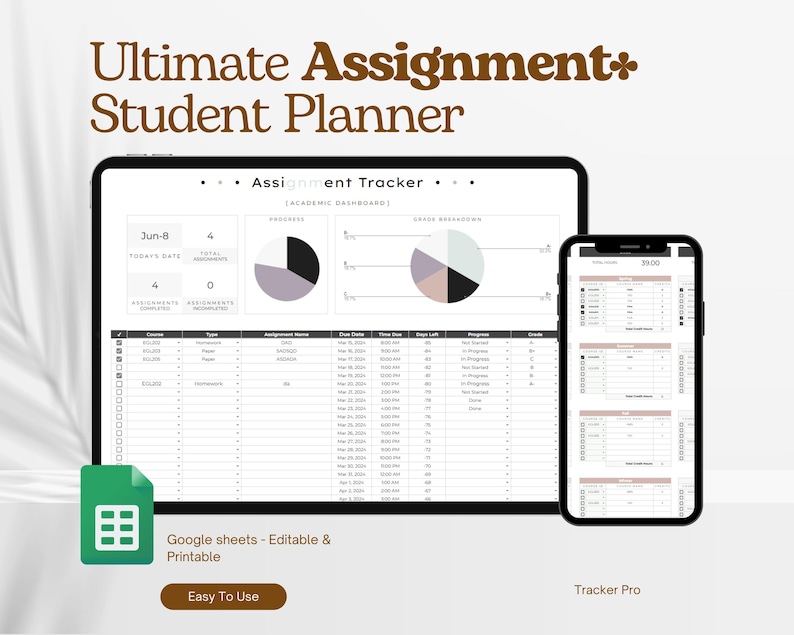 Assignment Tracker Google Sheets Spreadsheet Template Homework Planner Checklist Digital for ...