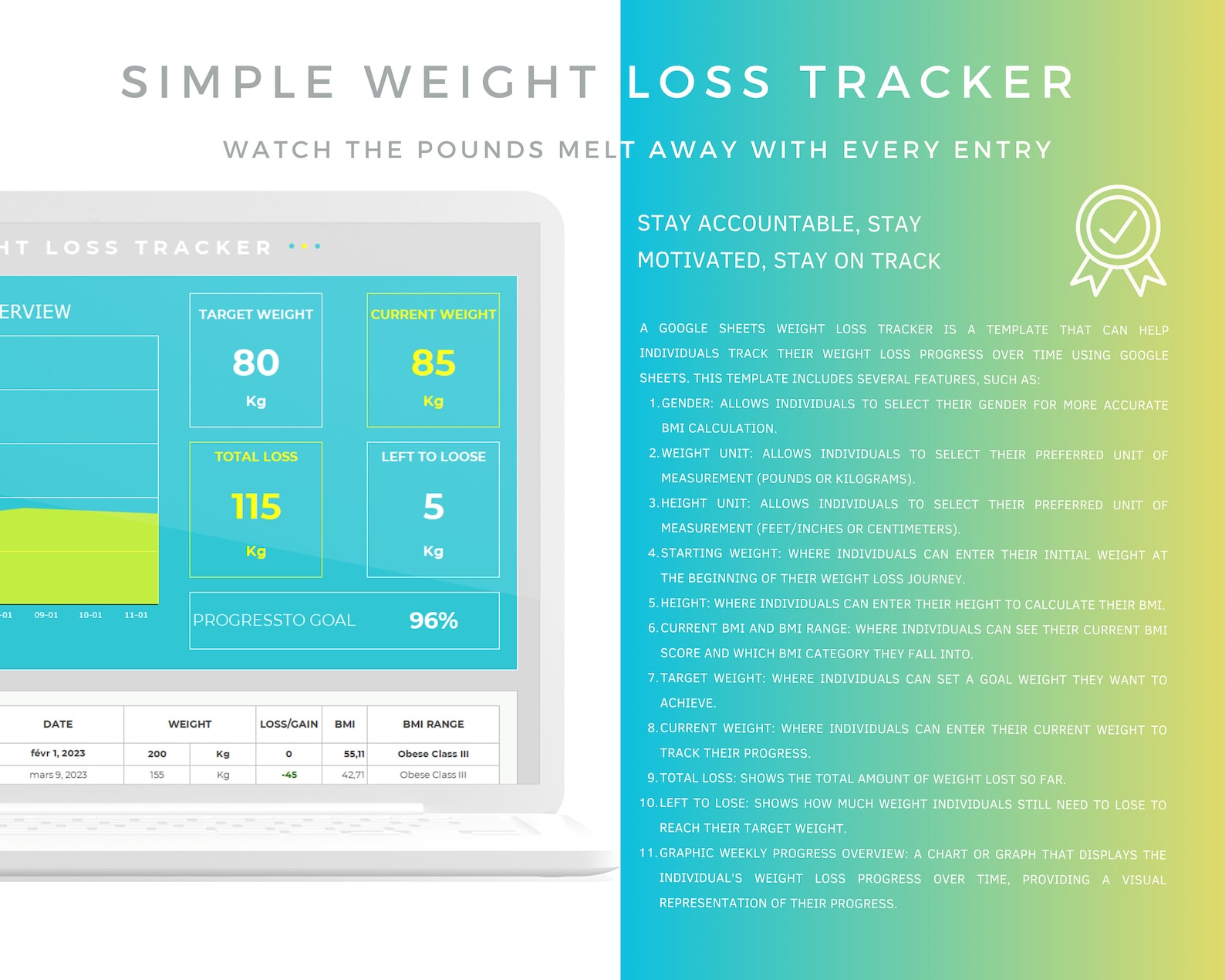 Weight Loss Tracker Spreadsheet for Google Sheets Weight Loss - Etsy