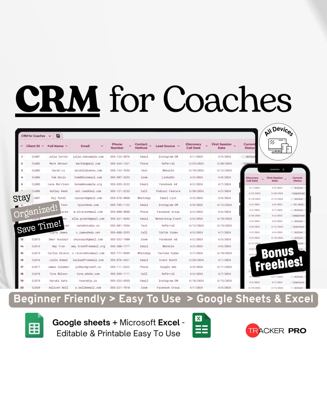 CRM for Coaches Google Excel, Client Session Log, Life Coaching CRM ...