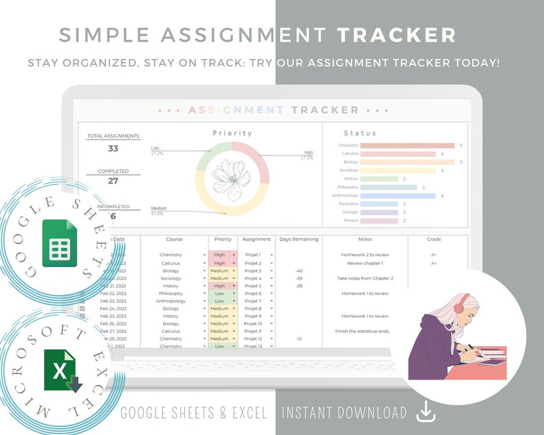 Assignment Tracker Google Sheets and Excel Spreadsheet Template ...