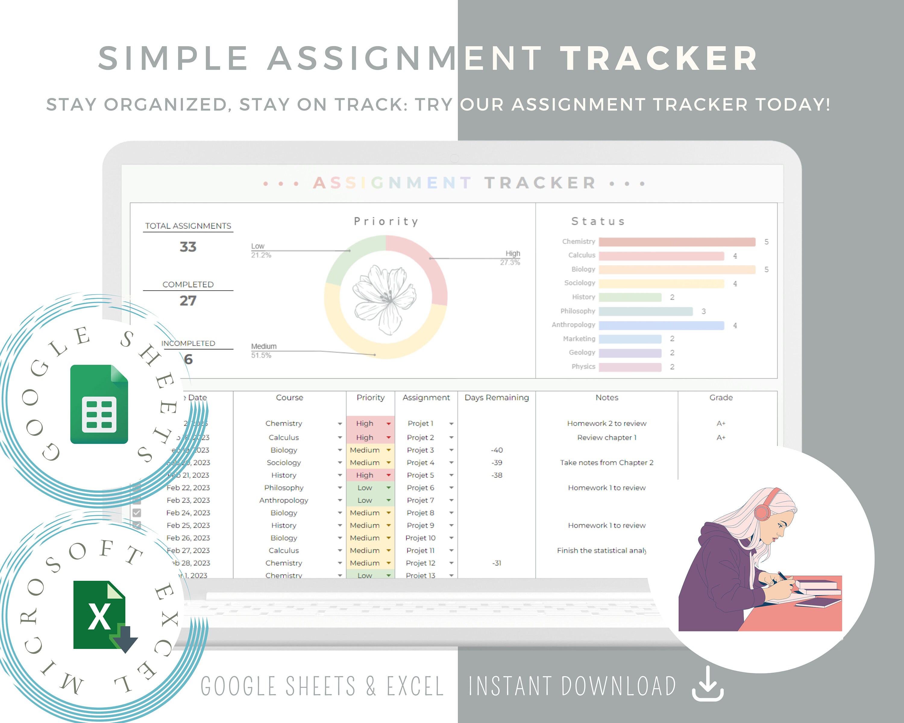 Assignment Tracker Google Sheets and Excel Spreadsheet Template ...
