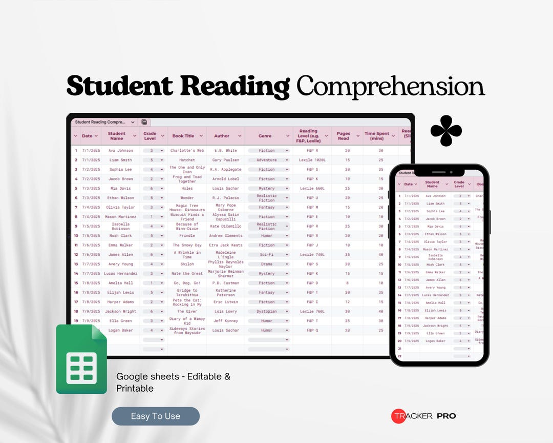 Student Reading Comprehension Tracker Google Sheets, Book Summary Log ...