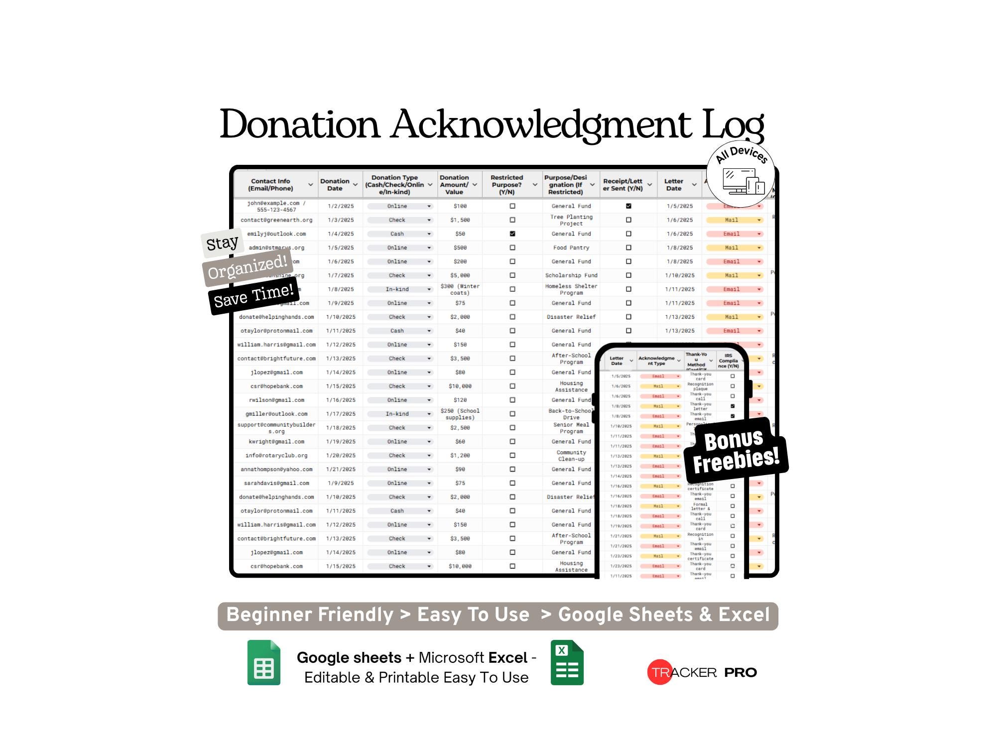 Nonprofit Donation Acknowledgement Log Google Sheets Template (donor ...