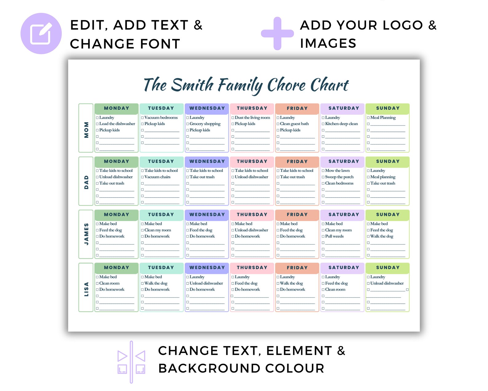 Editable Family Chore Chart, Printable Weekly Chore List, Adults Chore ...