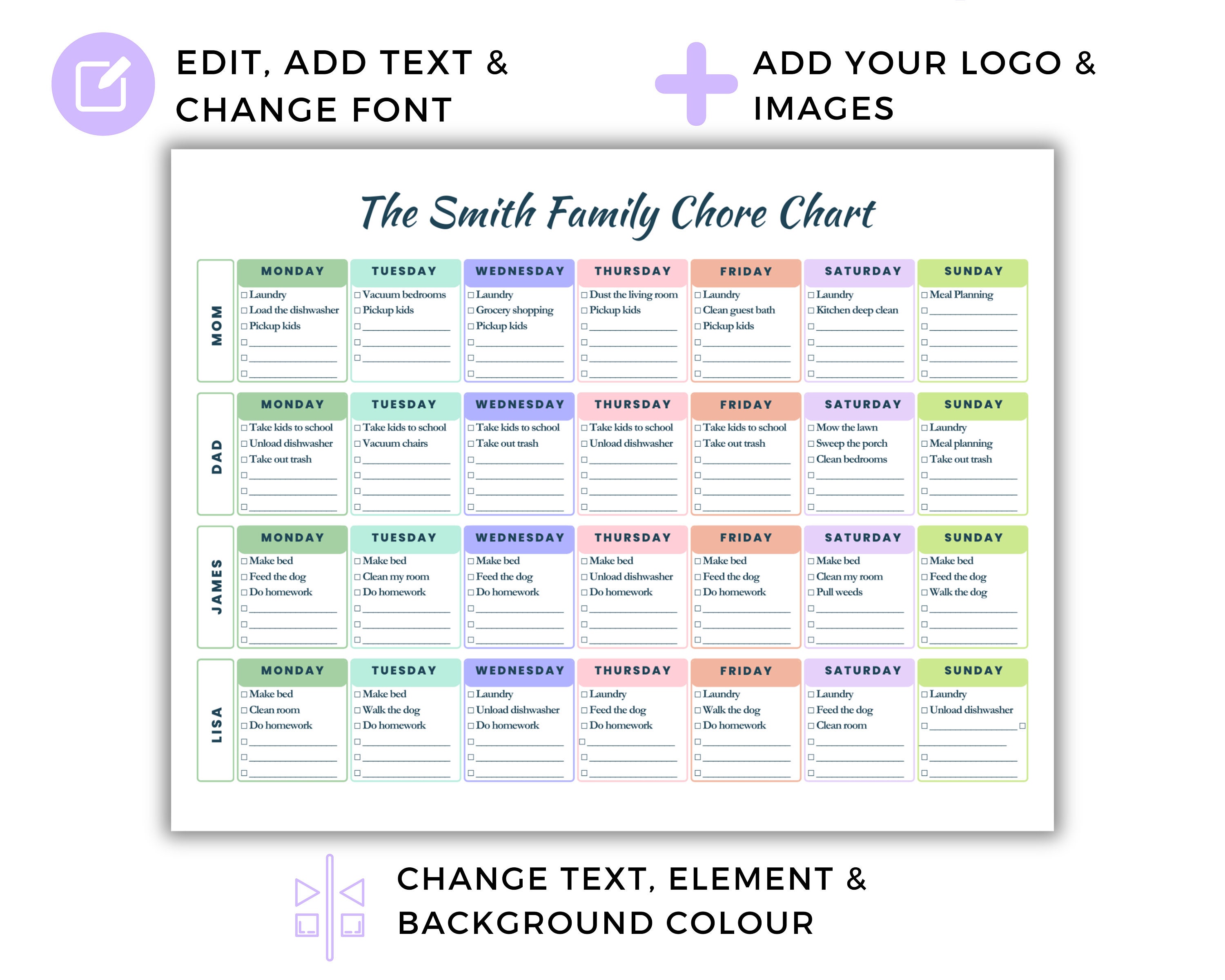 Editable Family Chore Chart, Printable Weekly Chore List, Adults Chore ...