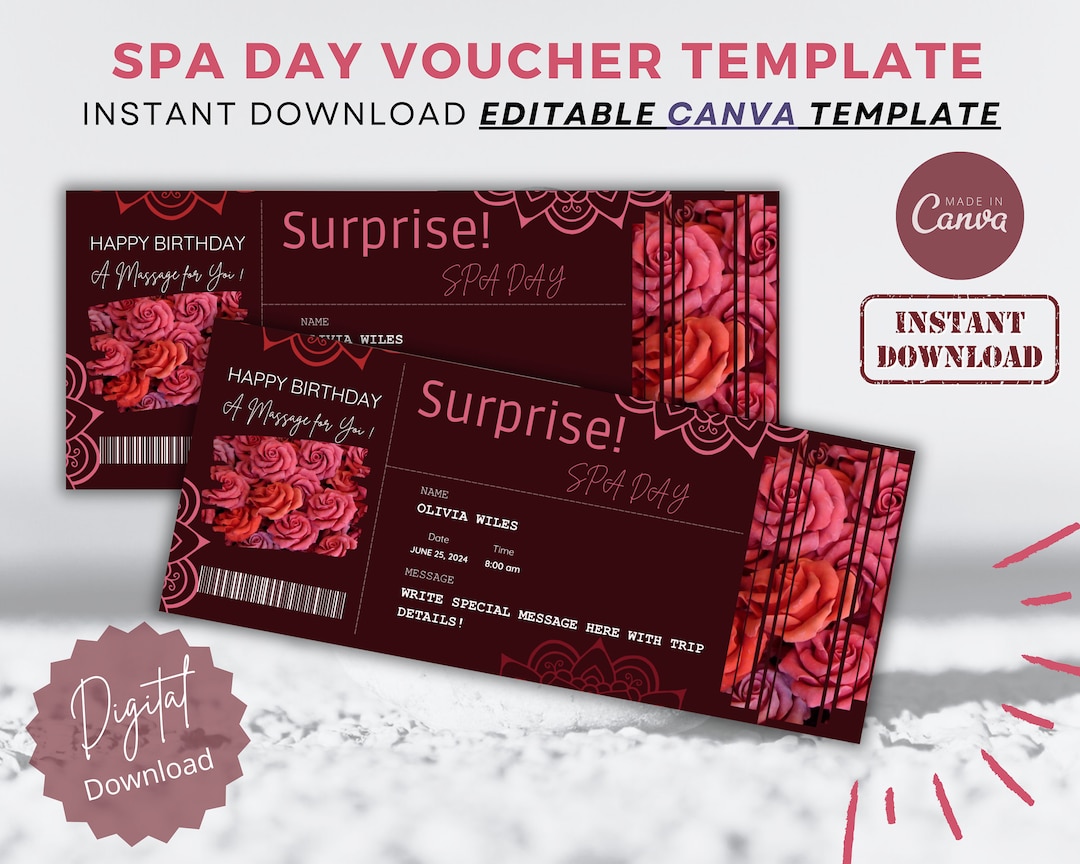 Editable Spa Day Voucher Personalized Massage Coupon Printable T Idea Wellness Coupon T