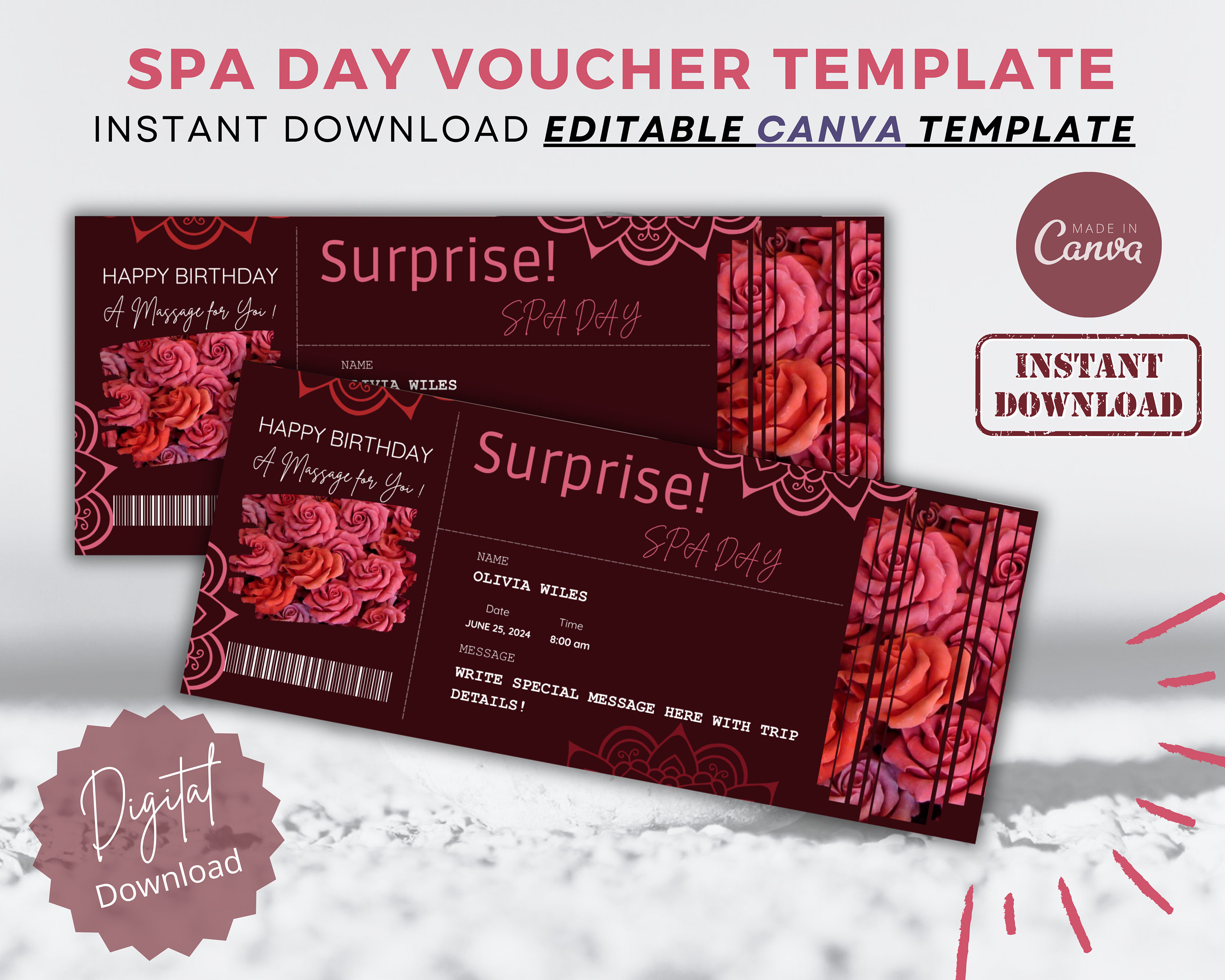 Editable Spa Day Voucher Personalized Massage Coupon Printable Gift ...