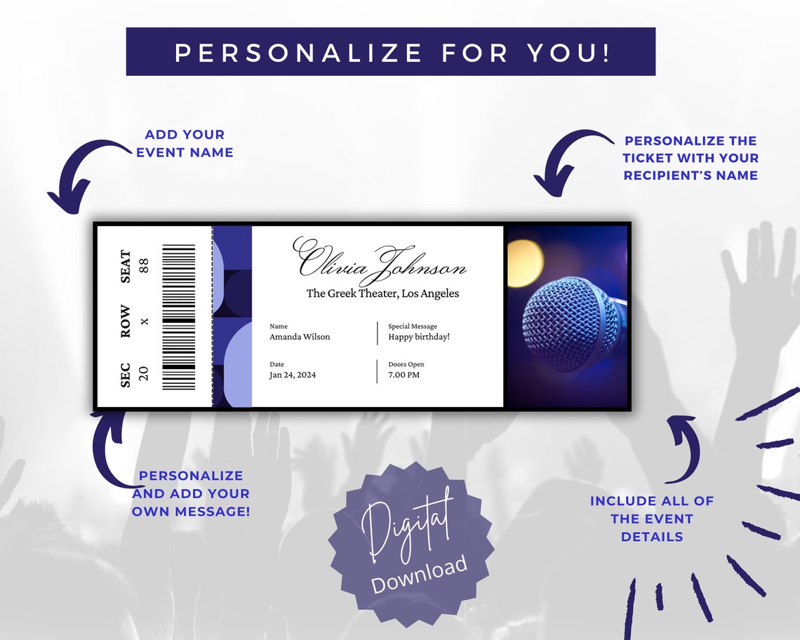 Editable Concert Ticket Template, DIY Event Ticket, Custom Concert Ticket Gift, Surprise ...