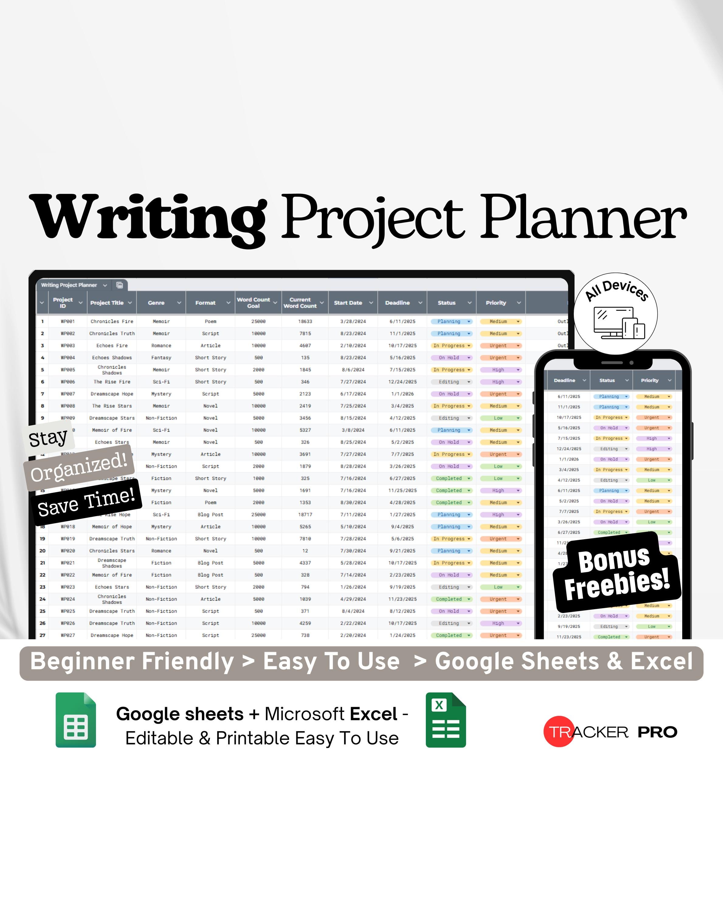 Writing Project Planner Google Sheets, Novel Story Organizer, Book ...