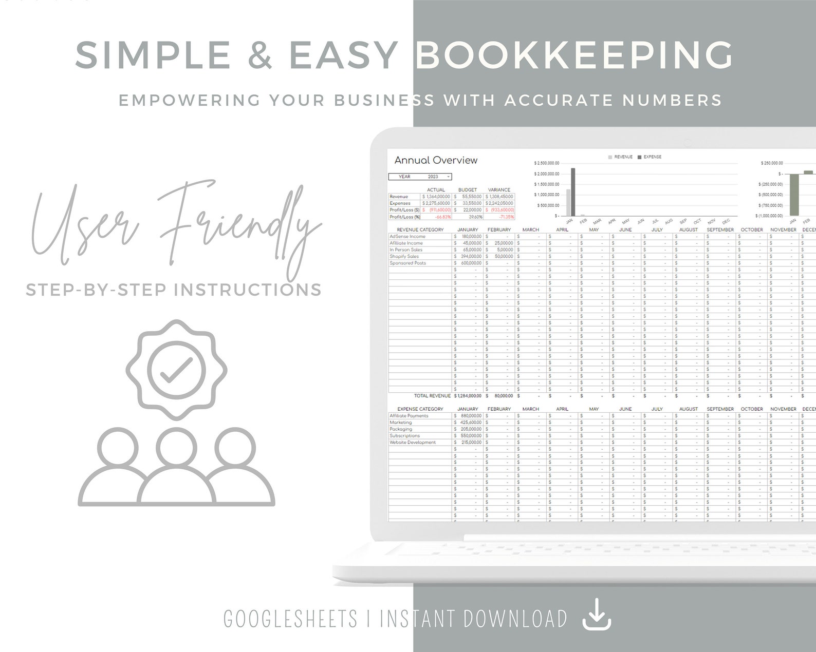 Easy & Simple Bookkeeping Template Google Sheets Income and Expense ...