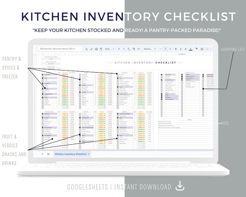 Kitchen Inventory Template, Pantry Inventory Spreadsheet List, Freezer ...