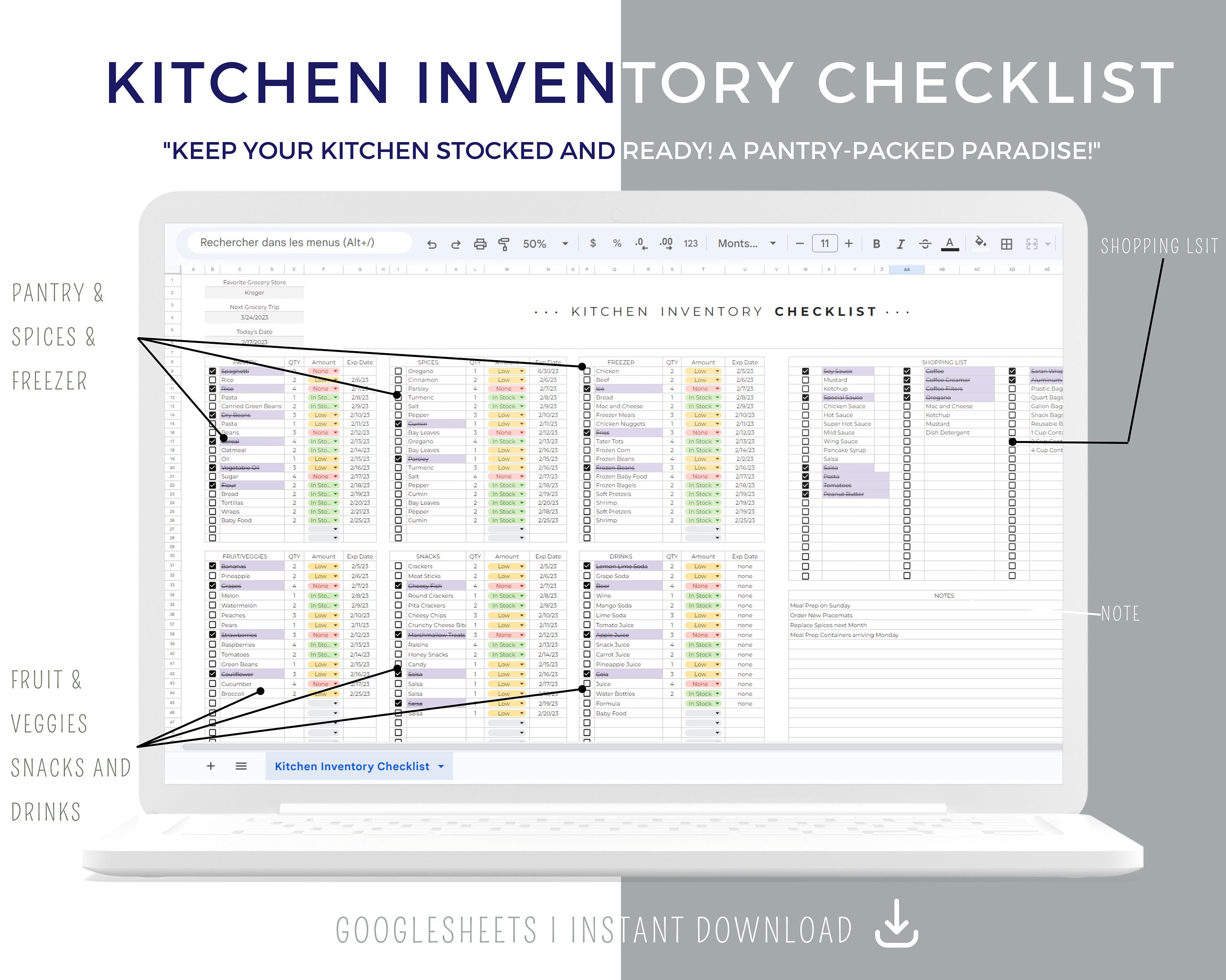 Kitchen Inventory Template, Pantry Inventory Spreadsheet List, Freezer ...